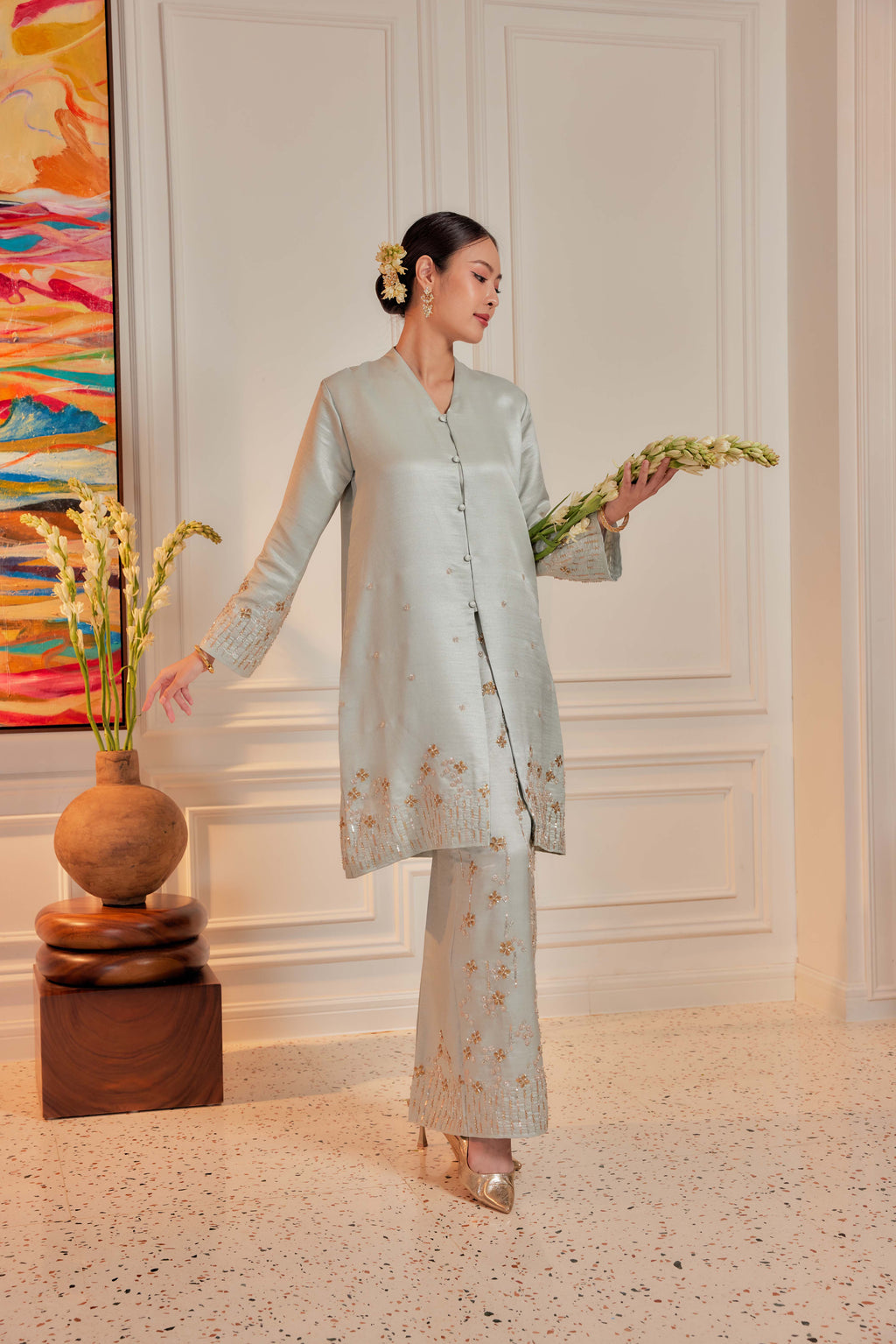 Periwinkle Mint - Bidasari Beaded Bunga Tabur Motif Kebarung (Fully Li ...