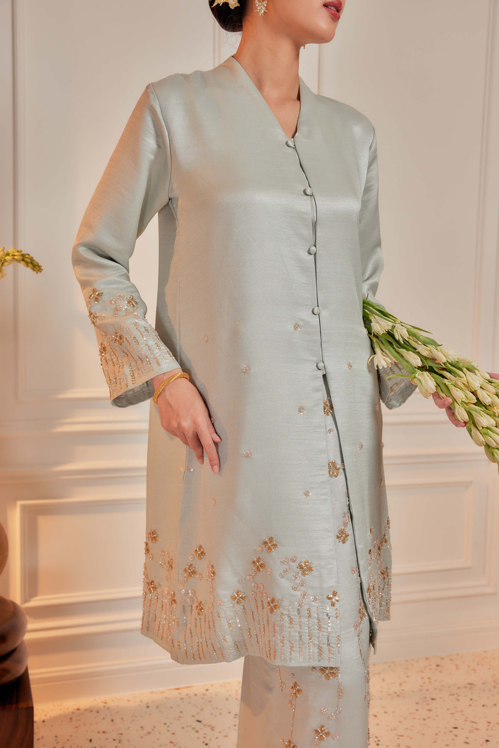 Periwinkle Mint - Bidasari Beaded Bunga Tabur Motif Kebarung (Fully Li ...