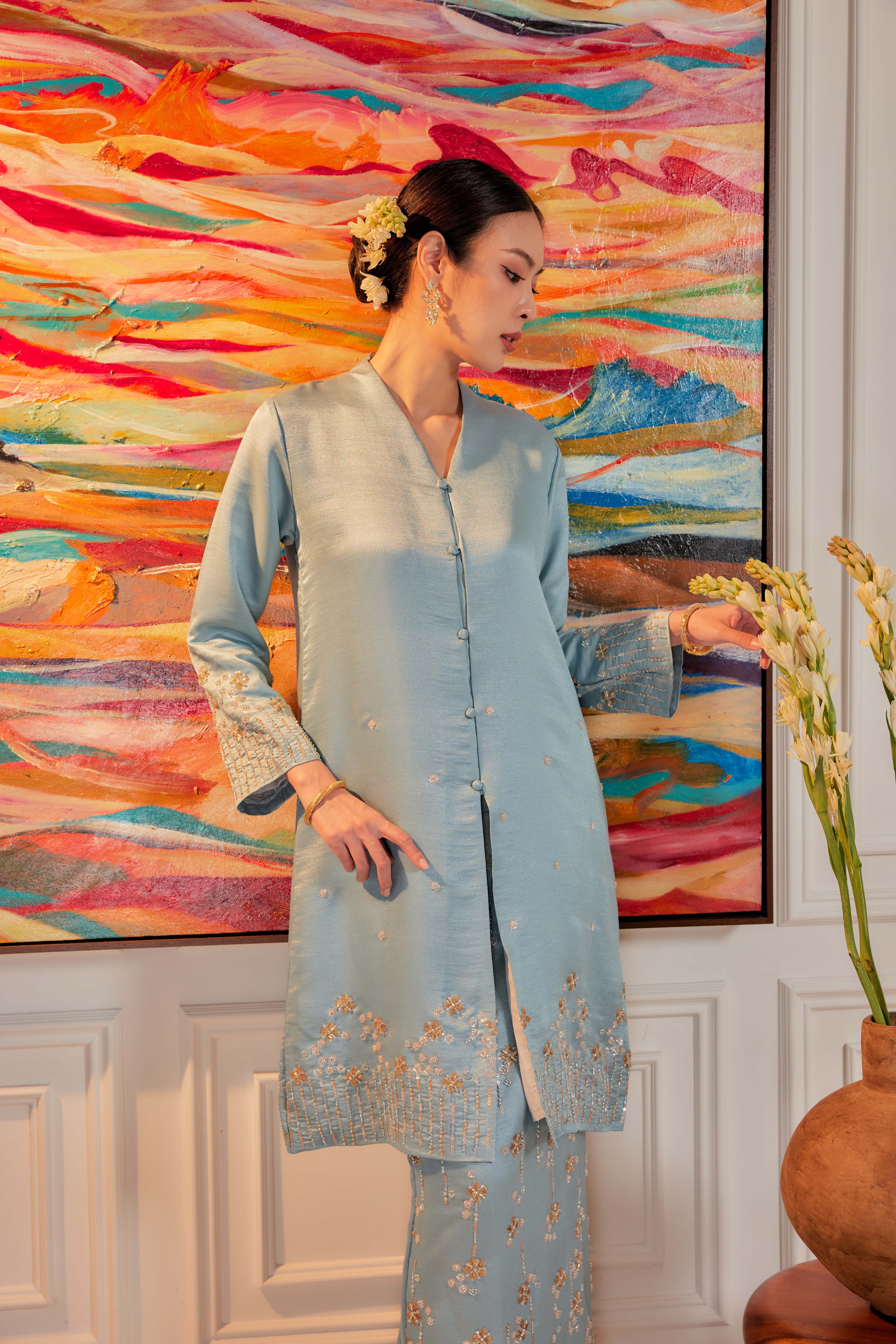 Vintage Teal - Bidasari Beaded Bunga Tabur Motif Kebarung (Fully Lined ...