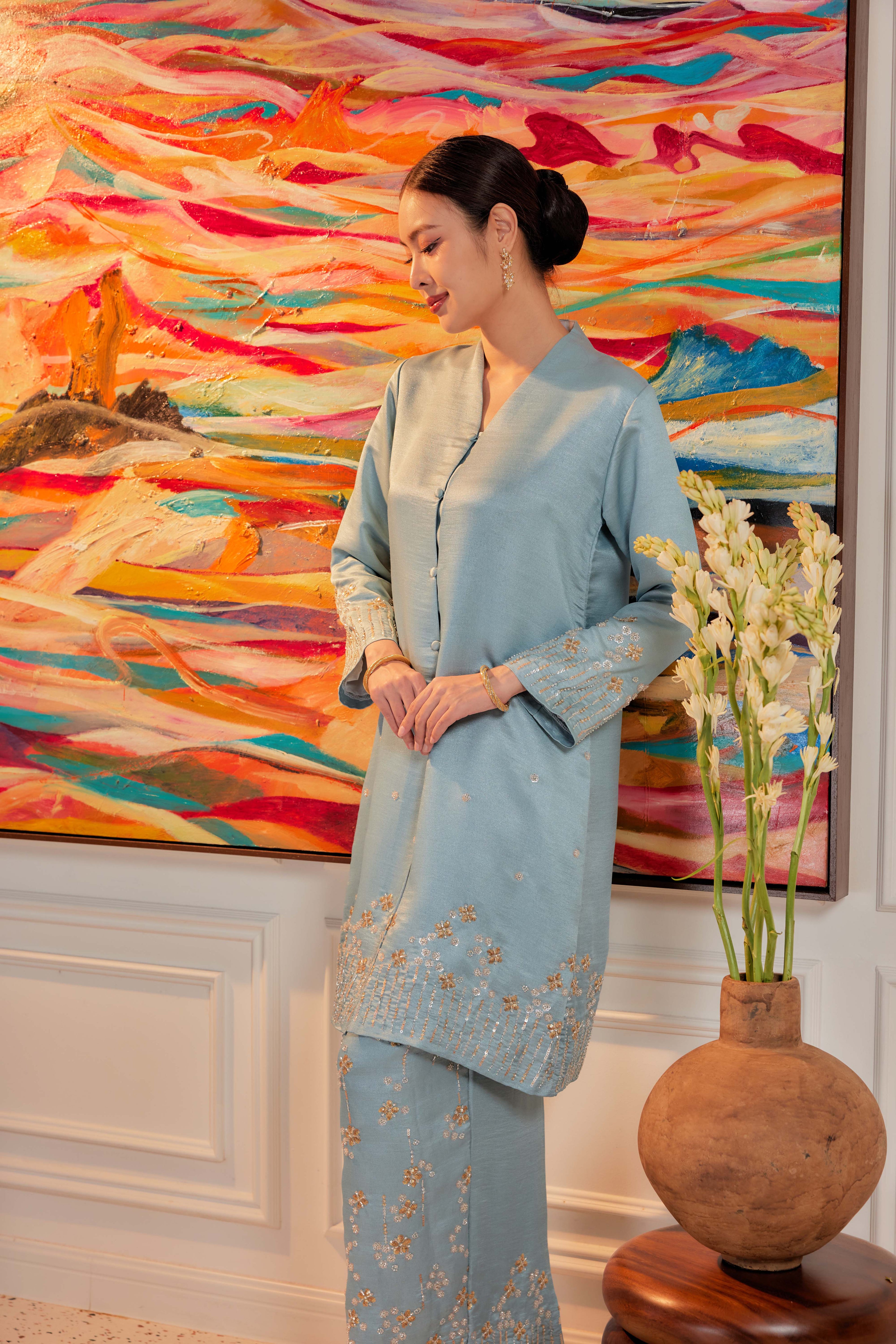 Vintage Teal - Bidasari Beaded Bunga Tabur Motif Kebarung (Fully Lined ...